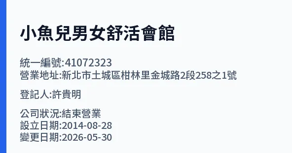小魚兒男女舒活會館的照片-統編 41072323(新北市) 公司登記資料與營業項目詳細圖表