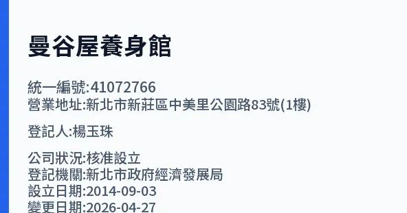 曼谷屋養身館的照片-統編 41072766(新北市) 公司登記資料與營業項目詳細圖表