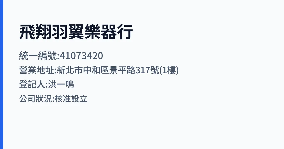 飛翔羽翼樂器行 - 統編 41073420(新北市) 公司登記資料與營業項目詳細圖表