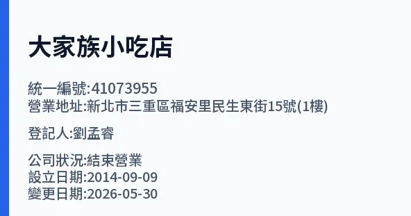 大家族小吃店的照片-統編 41073955(新北市) 公司登記資料與營業項目詳細圖表
