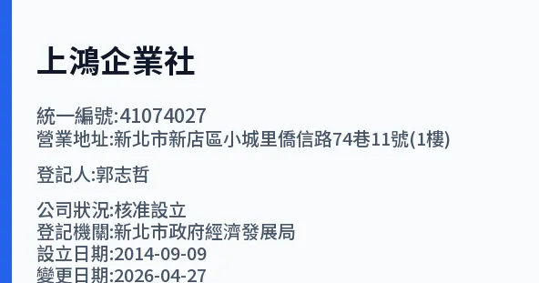 上鴻企業社的照片-統編 41074027(新北市) 公司登記資料與營業項目詳細圖表