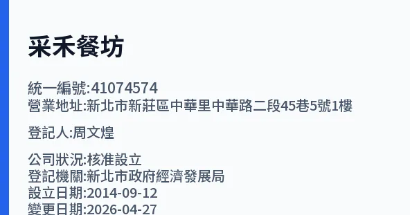 采禾餐坊的照片-統編 41074574(新北市) 公司登記資料與營業項目詳細圖表