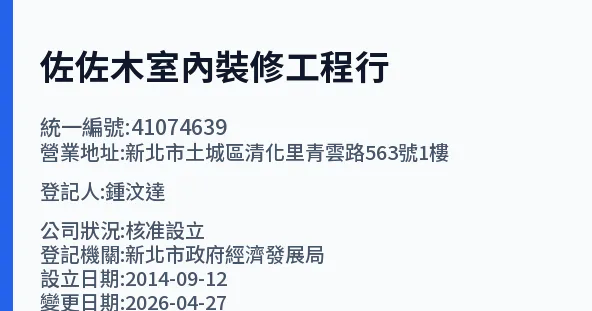 佐佐木室內裝修工程行的照片-統編 41074639(新北市) 公司登記資料與營業項目詳細圖表
