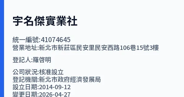 宇名傑實業社的照片-統編 41074645(新北市) 公司登記資料與營業項目詳細圖表