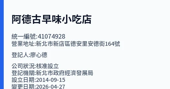 阿德古早味小吃店的照片-統編 41074928(新北市) 公司登記資料與營業項目詳細圖表