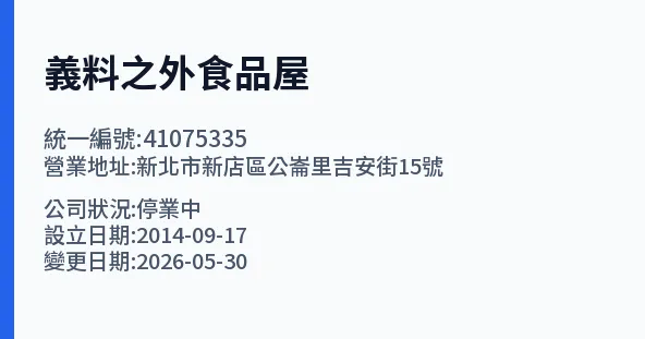 義料之外食品屋的照片-統編 41075335(新北市) 公司登記資料與營業項目詳細圖表