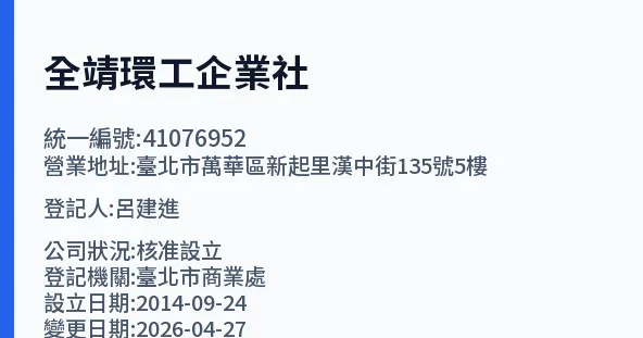 全靖環工企業社的照片-統編 41076952(臺北市) 公司登記資料與營業項目詳細圖表