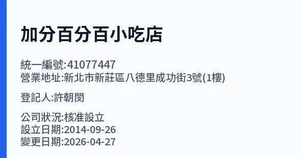 加分百分百小吃店的照片-統編 41077447(新北市) 公司登記資料與營業項目詳細圖表
