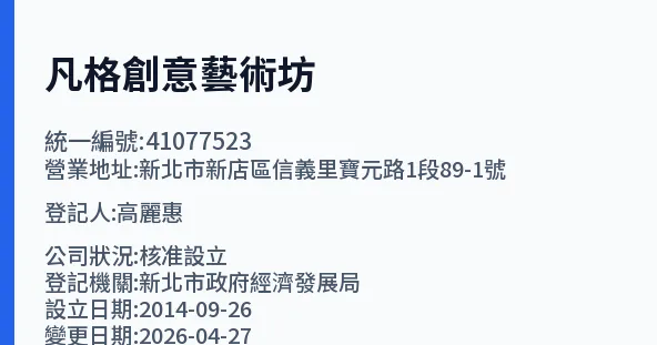 凡格創意藝術坊的照片-統編 41077523(新北市) 公司登記資料與營業項目詳細圖表