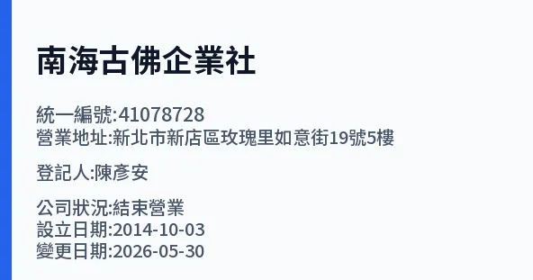 南海古佛企業社的照片-統編 41078728(新北市) 公司登記資料與營業項目詳細圖表