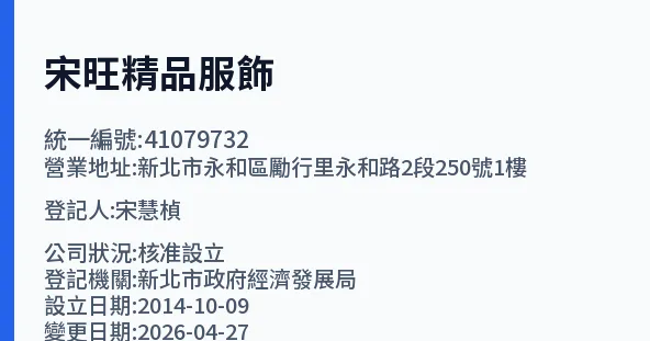 宋旺精品服飾的照片-統編 41079732(新北市) 公司登記資料與營業項目詳細圖表
