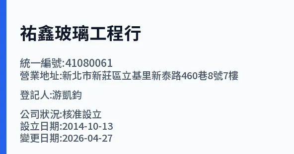 祐鑫玻璃工程行的照片-統編 41080061(新北市) 公司登記資料與營業項目詳細圖表