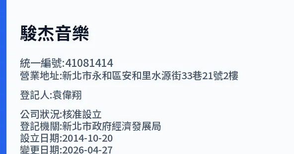 駿杰音樂的照片-統編 41081414(新北市) 公司登記資料與營業項目詳細圖表