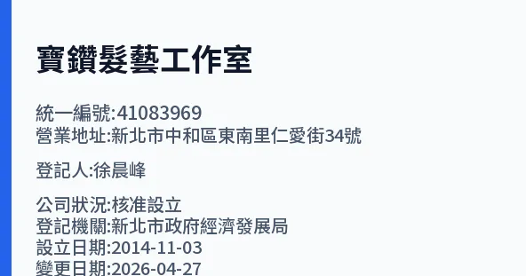 寶鑽髮藝工作室的照片-統編 41083969(新北市) 公司登記資料與營業項目詳細圖表