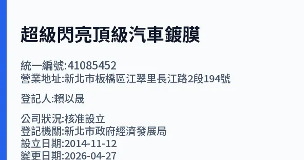 超級閃亮頂級汽車鍍膜的照片-統編 41085452(新北市) 公司登記資料與營業項目詳細圖表