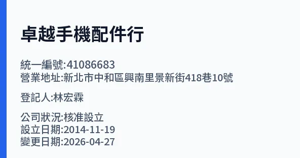卓越手機配件行的照片-統編 41086683(新北市) 公司登記資料與營業項目詳細圖表