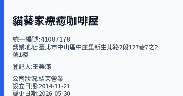 貓藝家療癒咖啡屋的照片-統編 41087178(臺北市) 公司登記資料與營業項目詳細圖表