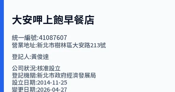 大安呷上飽早餐店的照片-統編 41087607(新北市) 公司登記資料與營業項目詳細圖表