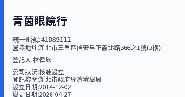 青茵眼鏡行的照片-統編 41089112(新北市) 公司登記資料與營業項目詳細圖表