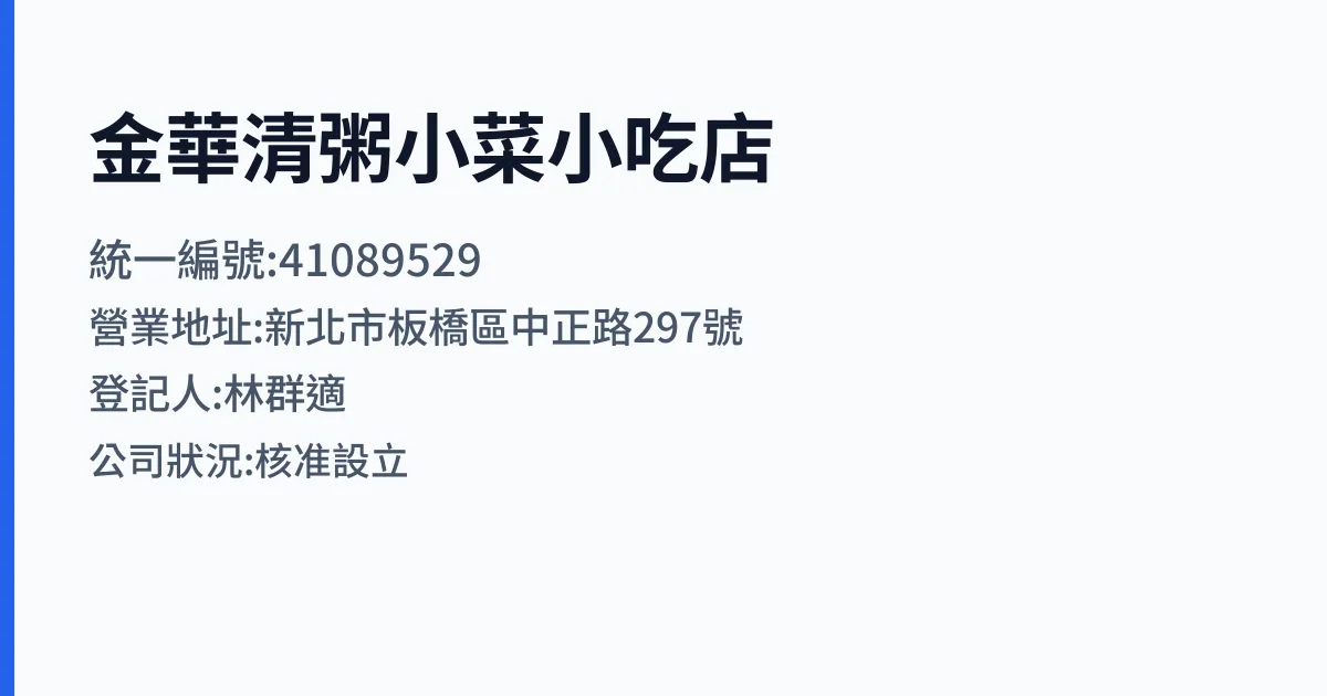 金華清粥小菜小吃店 - 統編 41089529(新北市) 公司登記資料與營業項目詳細圖表
