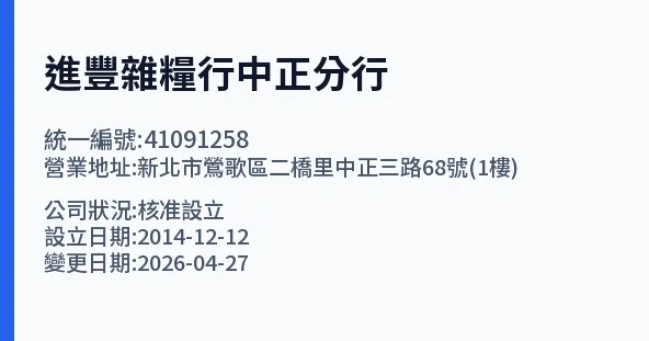 進豐雜糧行中正分行的照片-統編 41091258(新北市) 公司登記資料與營業項目詳細圖表