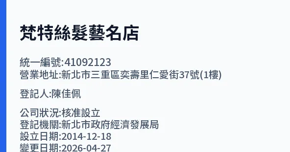 梵特絲髮藝名店的照片-統編 41092123(新北市) 公司登記資料與營業項目詳細圖表