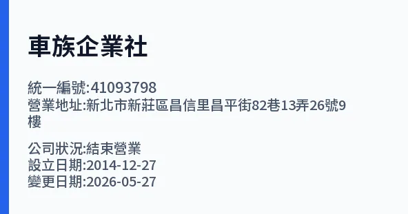 車族企業社的照片-統編 41093798(新北市) 公司登記資料與營業項目詳細圖表