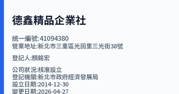 德鑫精品企業社的照片-統編 41094380(新北市) 公司登記資料與營業項目詳細圖表