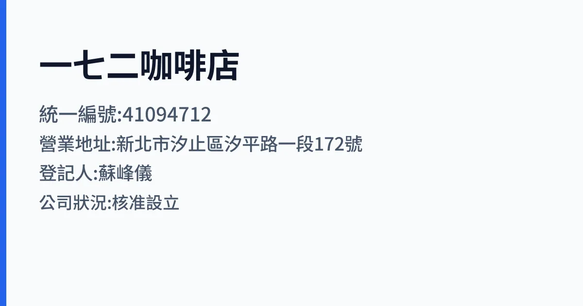 一七二咖啡店 - 統編 41094712(新北市) 公司登記資料與營業項目詳細圖表