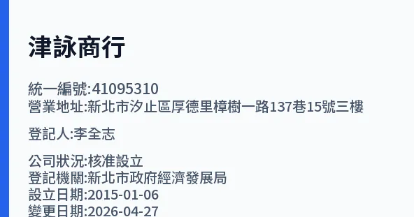 津詠商行的照片-統編 41095310(新北市) 公司登記資料與營業項目詳細圖表