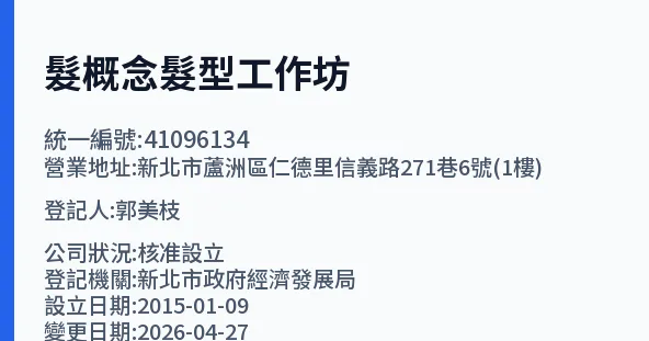 髮概念髮型工作坊的照片-統編 41096134(新北市) 公司登記資料與營業項目詳細圖表
