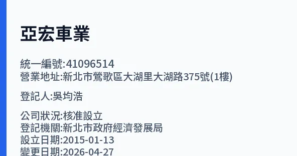 亞宏車業的照片-統編 41096514(新北市) 公司登記資料與營業項目詳細圖表