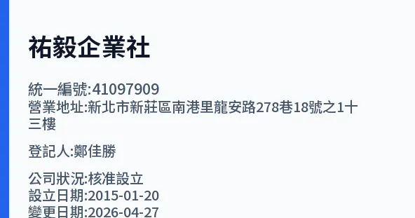 祐毅企業社的照片-統編 41097909(新北市) 公司登記資料與營業項目詳細圖表