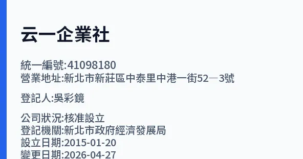 云一企業社的照片-統編 41098180(新北市) 公司登記資料與營業項目詳細圖表