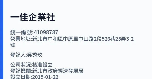 一佳企業社的照片-統編 41098787(新北市) 公司登記資料與營業項目詳細圖表