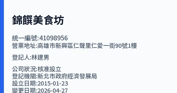 錦饌美食坊的照片-統編 41098956(高雄市) 公司登記資料與營業項目詳細圖表