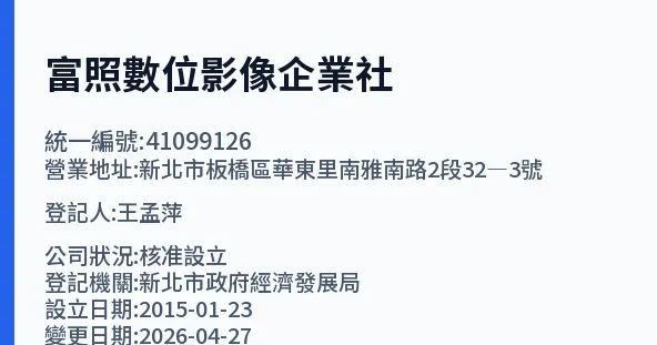 富照數位影像企業社的照片-統編 41099126(新北市) 公司登記資料與營業項目詳細圖表