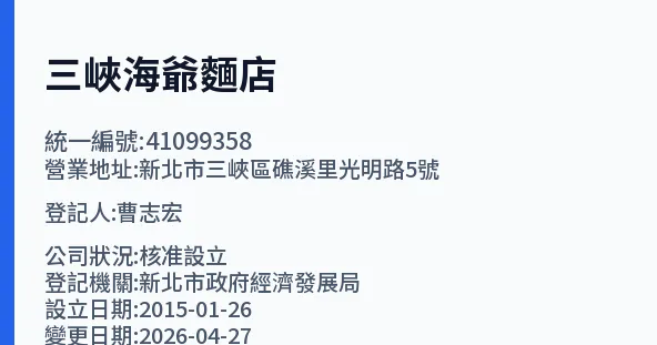 三峽海爺麵店的照片-統編 41099358(新北市) 公司登記資料與營業項目詳細圖表