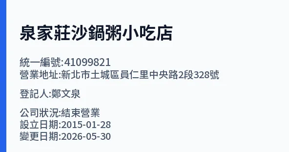 泉家莊沙鍋粥小吃店的照片-統編 41099821(新北市) 公司登記資料與營業項目詳細圖表