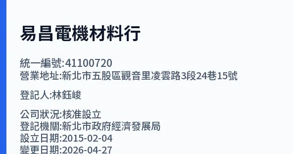 易昌電機材料行的照片-統編 41100720(新北市) 公司登記資料與營業項目詳細圖表