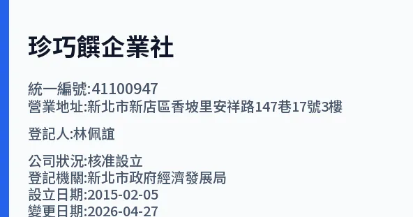 珍巧饌企業社的照片-統編 41100947(新北市) 公司登記資料與營業項目詳細圖表