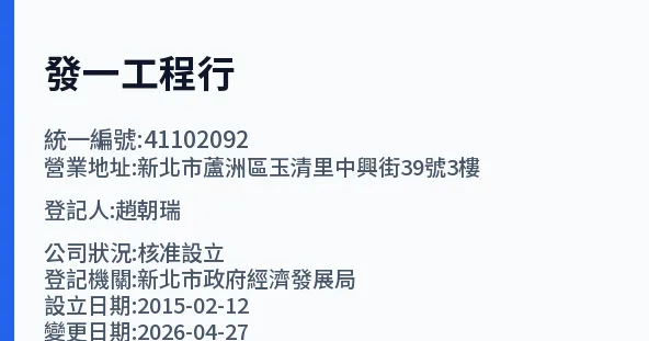 發一工程行的照片-統編 41102092(新北市) 公司登記資料與營業項目詳細圖表