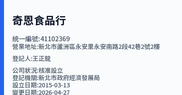 奇恩食品行的照片-統編 41102369(新北市) 公司登記資料與營業項目詳細圖表