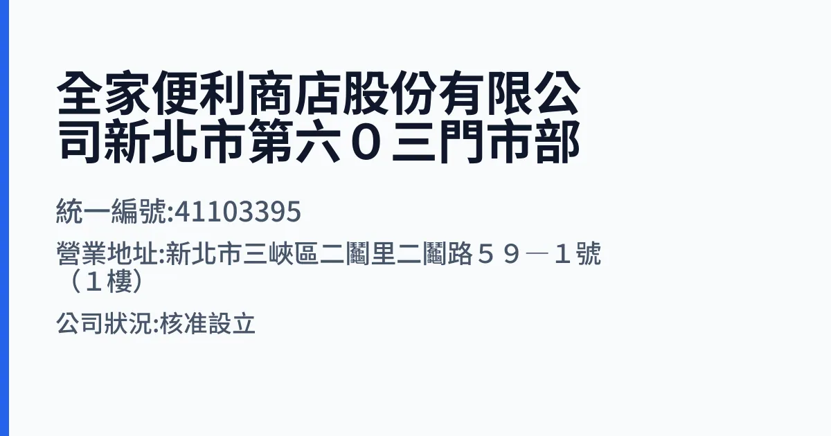 全家便利商店股份有限公司新北市第六０三門市部 - 統編 41103395(新北市) 公司登記資料與營業項目詳細圖表