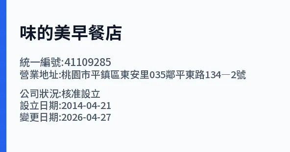 味的美早餐店的照片-統編 41109285(桃園市) 公司登記資料與營業項目詳細圖表