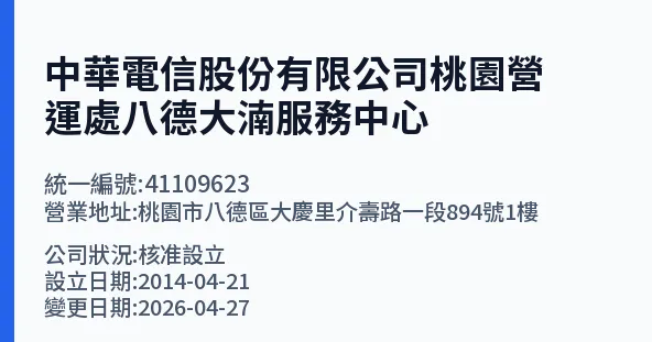 中華電信股份有限公司桃園營運處八德大湳服務中心的照片-統編 41109623(桃園市) 公司登記資料與營業項目詳細圖表