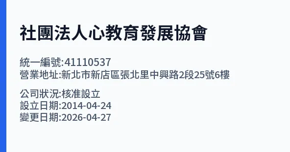 社團法人心教育發展協會的照片-統編 41110537(新北市) 公司登記資料與營業項目詳細圖表