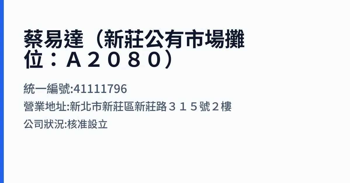 蔡易達（新莊公有市場攤位：Ａ２０８０） - 統編 41111796(新北市) 公司登記資料與營業項目詳細圖表