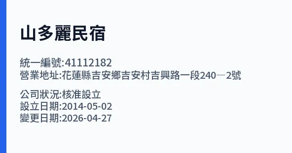 山多麗民宿的照片-統編 41112182(花蓮縣) 公司登記資料與營業項目詳細圖表