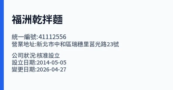 福洲乾拌麵的照片-統編 41112556(新北市) 公司登記資料與營業項目詳細圖表